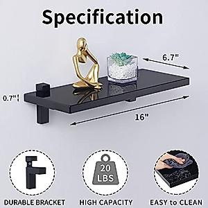 Black Floating Shelves 16 Inch Long, Wooden Bathroom Shelves Set of 2, Modern Floating Wall Shelf with Glossy Finish for Home Decor & Storage