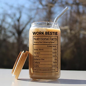 Work Bestie Nutritional Facts Glass Can with Lids And Straw- Work Bestie Definition Friendship, Funny Gift for Friend, Colleagues, Thank You Gift For Coworkers, Birthday Christmas Gifts, Iced Cup 16oz