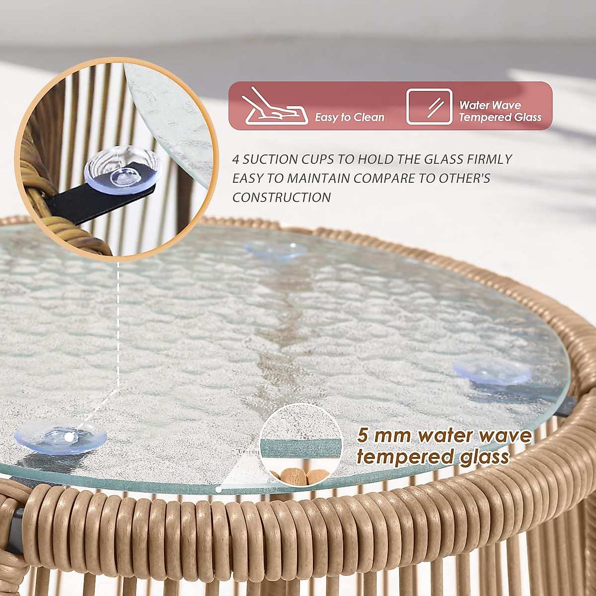 NICESOUL® 3 Pcs Boho Outdoor Small Patio Furniture Chair Set with Beige Cushion and Round Glass Table Side Table Natural Color Wicker Conversation Chair Set Bistro Set for Garden Balcony Deck Porch