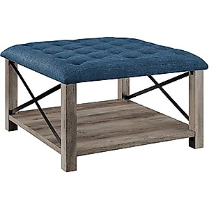 Walker Edison Abri Modern Farmhouse Metal X Tufted Ottoman, 30 Inch, Blue