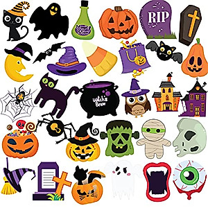 124 Pcs Colorful Halloween Cut Outs Halloween Classroom Bulletin Decorations Trick Treat Decorations Pumpkin Cat Bat Ghost Cutouts with 200 Glue Points for Holiday Classroom Decoration