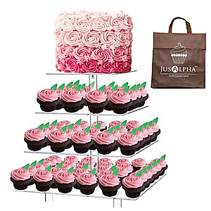 Jusalpha® 13.5'' Width Extra Large 4 Tiered Acrylic Glass Square Cake Stand-Cupcake Stand- Dessert Stand-Tea Party Serving Platter-Candy Bar Party Décor, 4SFL (Square)