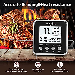 Honohil Digital Meat Thermometer for Cooking and Grilling, Kitchen Food Candy Oven BBQ Grill Thermometer for Smoker Baking Liquid with Stainless Steel Probe Instant Read Magnetic Battery Timer Black