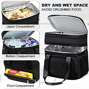 MAPLELILY Lunch Box for Men Women - Double Deck Insulated Lunch Bag, Large Leak Proof Tote Cooler, Wide Open Dual Compartment Lunch Bags with Shoulder Strap, For Work Picnic Hiking Beach, Black