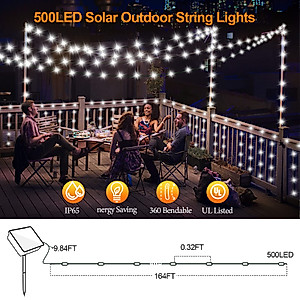 Solar String Lights Outdoor Waterproof, 500 LED 164FT Solar Fairy Lights Christmas Decoration Lights 8 Modes Timer Patio Lights for Xmas Tree Garden Yard Wedding Holiday Party Camping(Cool White)