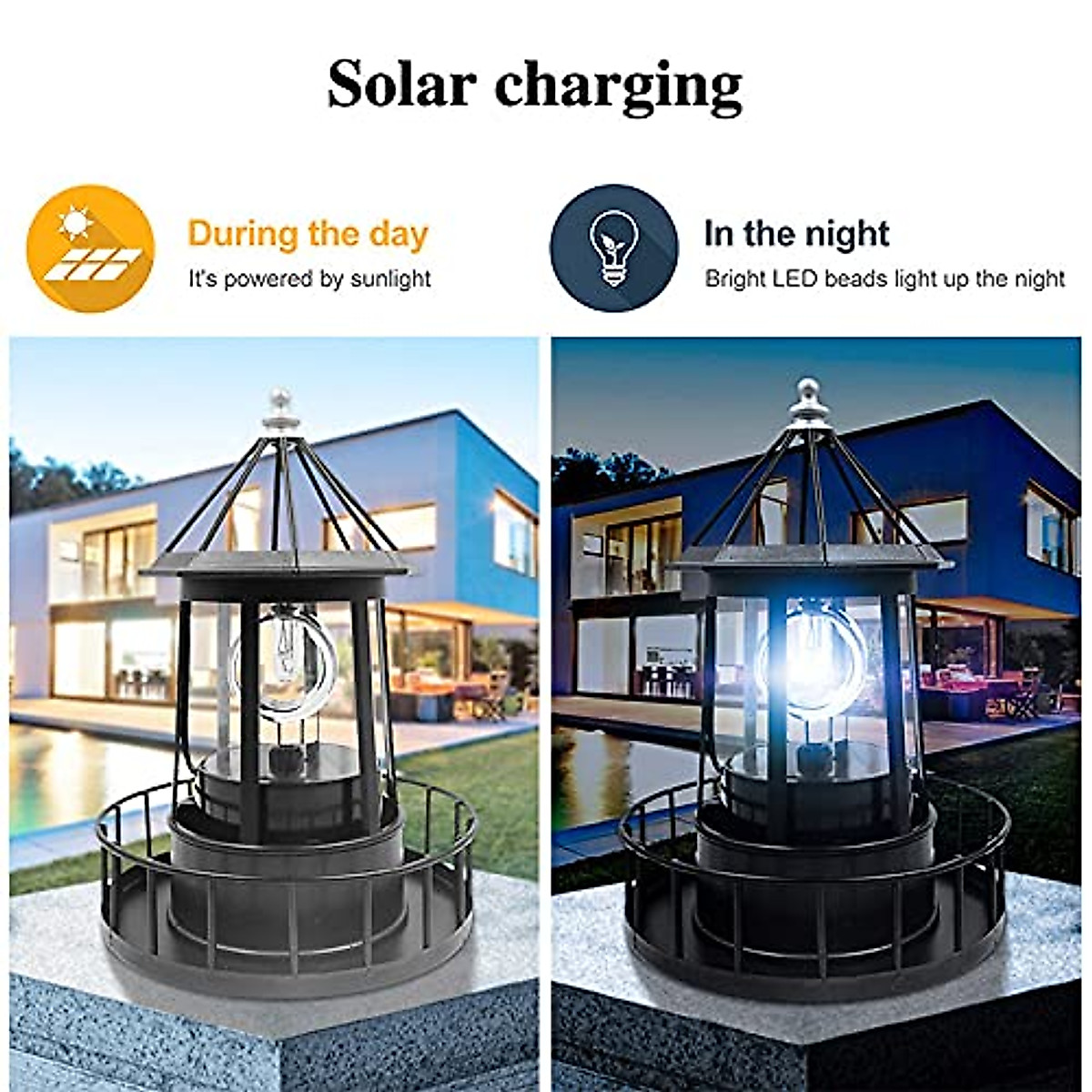 LED Solar Powered Lighthouse, 360 Degree Rotating Lamp, Waterproof Garden Smoke Towers Statue Lights, for Home Garden Yard Lawn Outdoor Decor, Black