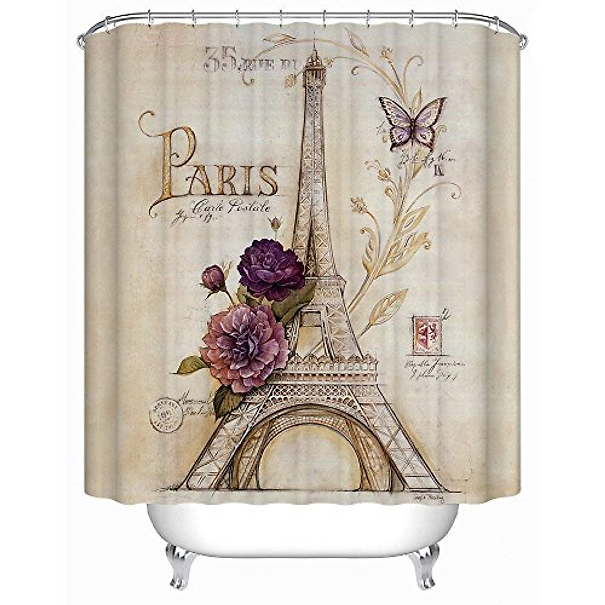 Amagical 3 Piece Vintage Paris Brown Eiffel Tower Bathroom Shower Curtain Set Bathroom Mat Set Purple Flower Butterfly Bath Mat Contour Mat and Shower Curtain with 12 Hooks