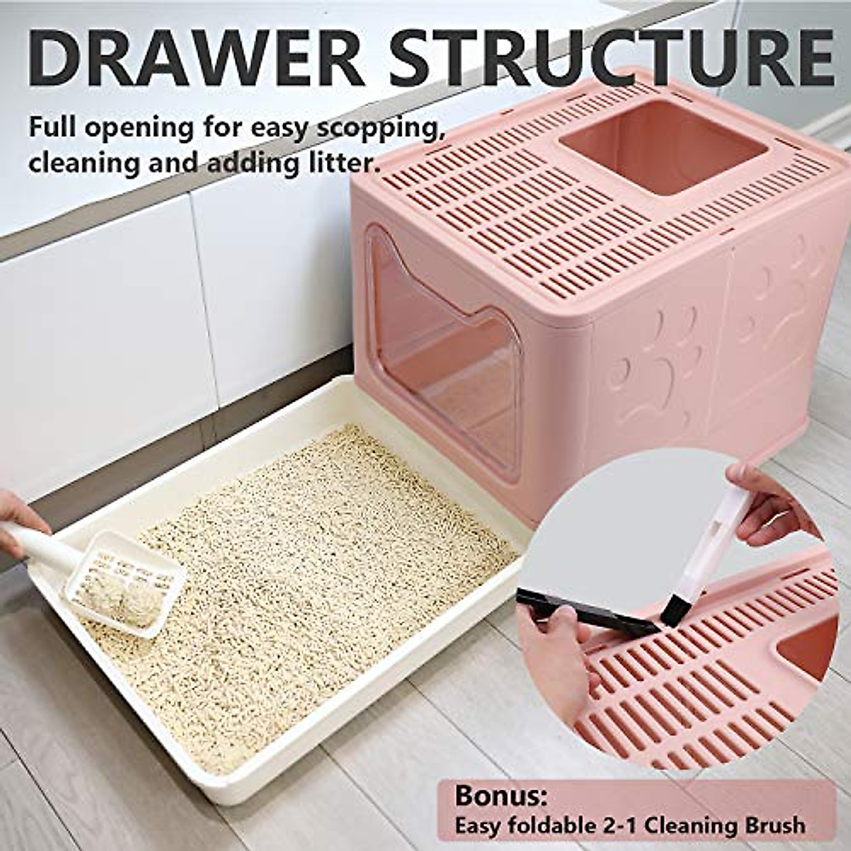 Foldable Cat Litter Box with Lid, Enclosed Cat Potty, Top Entry Anti-Splashing Cat Toilet, Easy to Clean Including Cat Litter Scoop and 2-1 Cleaning Brush (Pink), Large