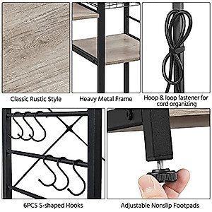 Yaheetech Baker's Rack with Power Outlet, 4-Tier Coffee Bar Station Microwave Stand with Wire Basket and 6 S-Shaped Hooks, Durable Kitchen Storage Shelf Ample Cart, Gray