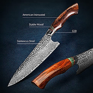 FZIZUO 8 inch damascus steel japanese chef knife,professional handmade desert Ironwood stabilized wood handle with sheath,cooking knives in home or restaurant kitchen