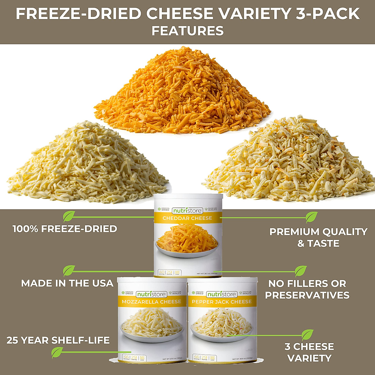 Nutristore Freeze-Dried Cheese Sample Variety 3-Pack | Cheddar, Mozzarella, & Pepper Jack | Perfect for Snacking, Backpacking, & Home Meals | Bulk Emergency Survival Food Storage | 25 Year Shelf-Life