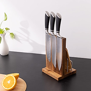Navaris Knife Block and Cutting Board Holder - Magnetic Knife Block without Knives - Acacia Wood Stand for Kitchen Counter - Space Saving Storage