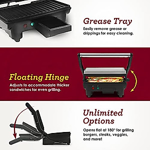 Elite Gourmet EPN-2976 2-in-1 Nonstick Panini Press & Indoor Grill, Opens 180-Degree Gourmet Sandwich Maker, Floating Hinge Fits All Foods, Contact Grill with Removable Grease Tray, Stainless Steel