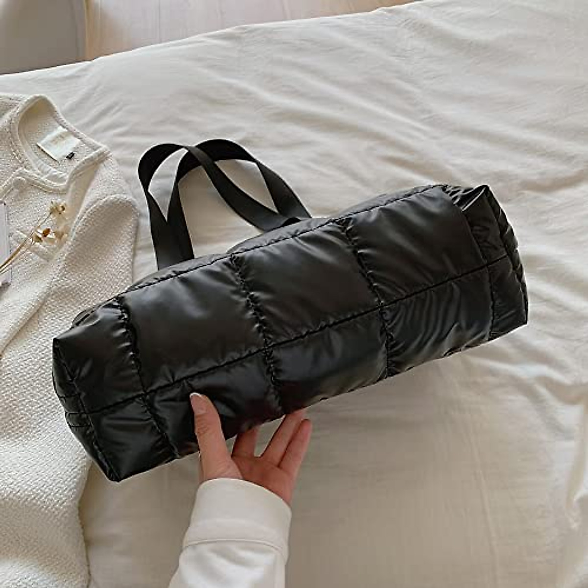 AZURAOKEY Puffer Tote Bag for Women, Women Nylon Shoulder Bag Design Space Padded Messenger Bag Solid Color Handbag