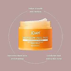JOAH Daily Glow Exfoliating Cotton Peel Pads with Glycolic Acid, Infused with PHA & Papaya Extract, Free of Gluten, Parabens, Phthalates, SLS, & Formaldehyde, 50 Pads – 3.04 US fl. oz.