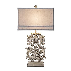 Catalina Lighting 3-Way 29.25-inch Weathered Wood Inspired Table Lamp with Oatmeal Linen Rectangle Shade with Decorative Trim and White Silken Liner