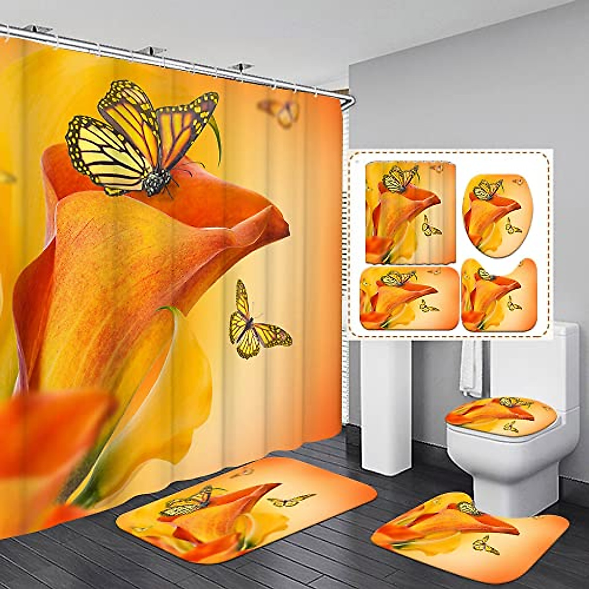 LyerArtork 4 Pieces Calla Lily and Butterfly Shower Curtain Set with Non-Slip Rug Toilet Lid Cover and Bath Mat Orange Valentines Day Bathroom Decor with Hooks Spring Flower Floral Bathtub Curtain