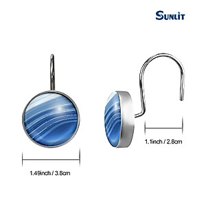 Sunlit Round Crystal Glass Decorative Shower Curtain Hooks, Rust Proof Oil Rubbed Metal Shower Curtain Rings-12 Pack, Gradient Blue