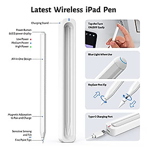Stylus Pen with Wireless Charging - Active Apple Pencil Compatible with iPad Pro 11/12.9, iPad 6/7/8/9/10th Gen, iPad Air 3/4/5, iPad Mini 5/6th Gen for Precise Writing/Drawing