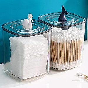 HomDSim 2 Pack Qtips Holder Dispenser,Cute animal shape Jar with Clear Lid Dustproof Cover,for Cotton Ball Swabs Round Pads Toothpick, Clear Plastic Jar Set for Bathroom Canister Storage Organization