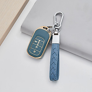 Aideco for Honda Key Fob Cover with Keychain Genuine Leather Crystal Key Case Protector Compatible with 2022 Honda Accord Civic CRV Pilot Odyssey 11th Gen Smart Key Case Holde (Blue)