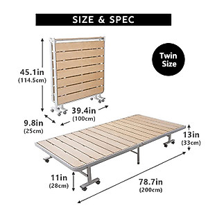 EMOOR Wood Slatted Folding Rollaway Platform Bed SUNOKO-MEHOL Twin for Japanese Futon Mattress (Walnut), Foldable Sleeping Bed Guest Student Dormitory Tatami Mat