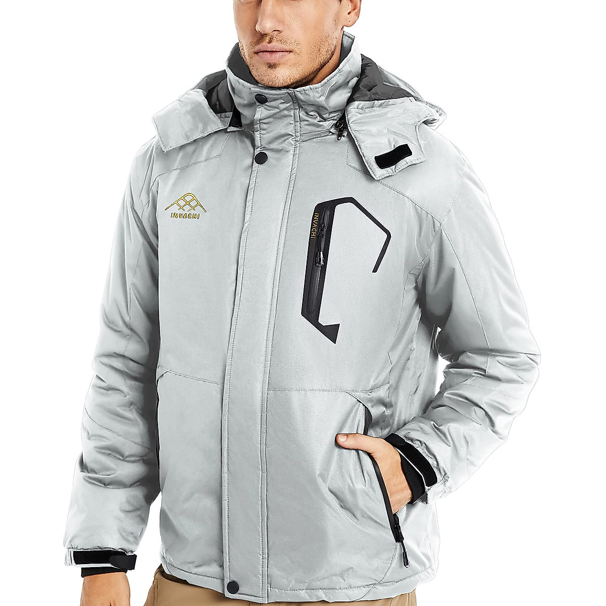 INVACHI Men's Skiing Jacket with Hood Waterproof Fleece Parka Ideal for Hiking Fishing and Travel