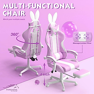Ferghana Kawaii Light Purple Gaming Chair with Bunny Ears, Ergonomic Cute Gamer Chair with Footrest and Massage, Racing Reclining Leather Computer Game Chair 250lbs for Girls Adults Teens Kids