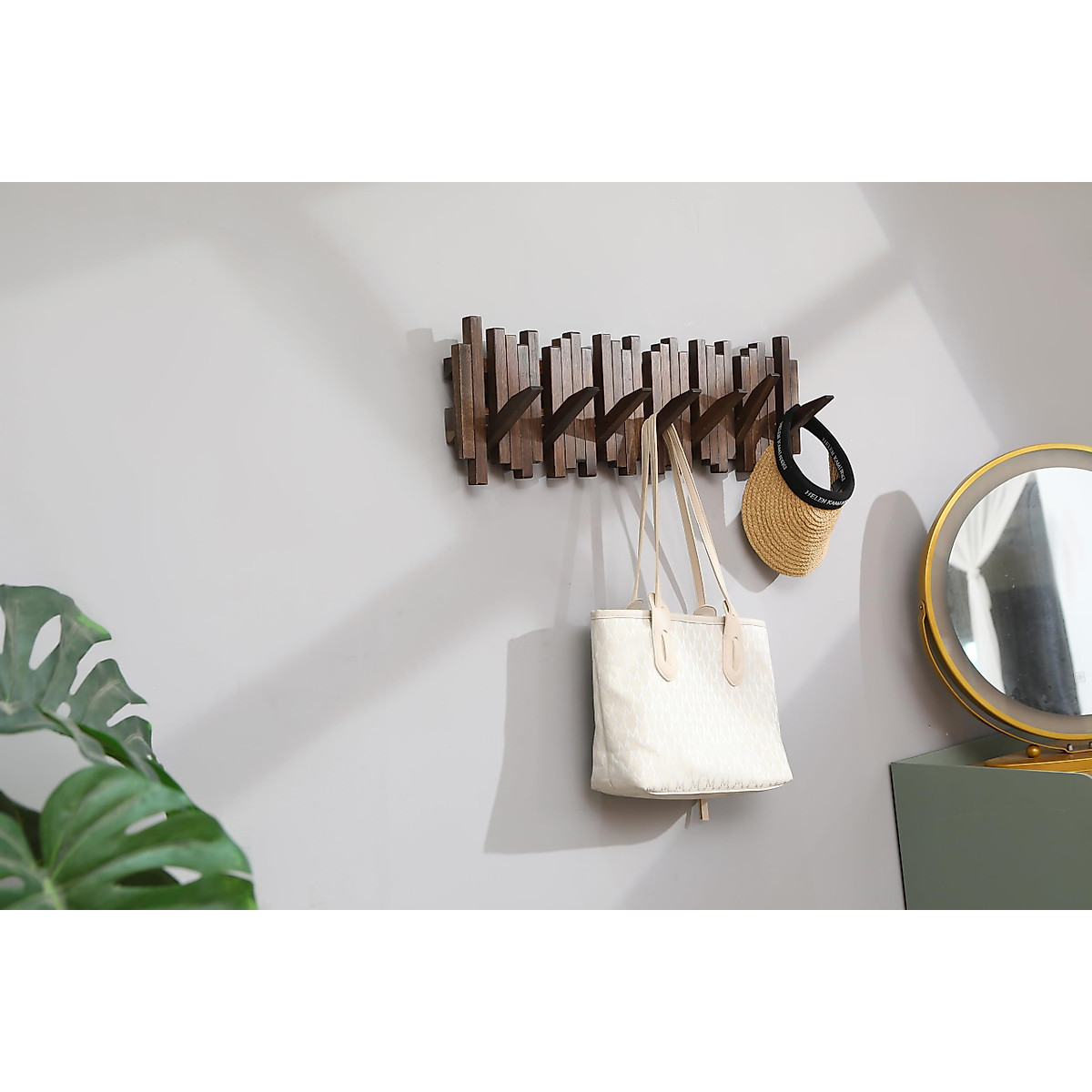 GOGREEBELL Natural Wood Wall Mounted Piano Coat Rack| Coat Rack Wall Mount| Flip Down Wall Hook Rack 7 Hooks| Entryway Wall Art Hook,Made of Acacia Wood (Wood Wax Oil Dyed Walnut Color).Wall Art