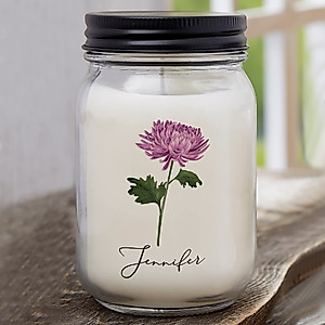 Personalization Universe Birth Month Flower Personalized Farmhouse Candle Jar, Customizable with Name, Date, and Birth Flower, Lakeside Rain Scent, 50-60 Hours Burn Time, Made in USA, for Women