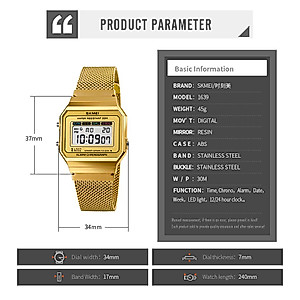 FANMIS Women's Men's Digital Electronic Square LED Sports Watch Multifunction Waterproof Daily Alarm Gold-Tone Watch (Y Gold)