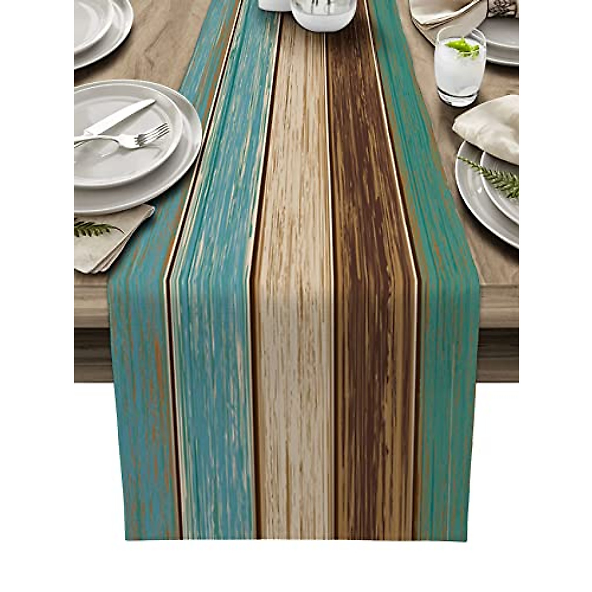 Farmhouse Table Runners 72 Inches Long,Rustic Teal Table Runner Turquoise Blue Green Brown Wood Striped Cotton Linens Burlap Dresser Scarves Table Decor for Kitchen Dining Room Coffee Table