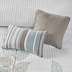 Madison Park Caelie Quilt Modern Classic Design All Season, Breathable Coverlet Lightweight Bedding Set, Matching Shams, Decorative Pillow, King/Cal King(104"x94"), Leaf Blue 6 Piece