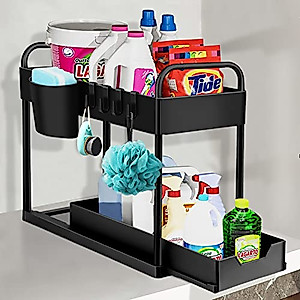 Under Sink Organizer, Sliding Cabinet Basket Organizer 2 Tier Under Bathroom Organizer with Hooks, Hanging Cup, Multi-purpose Under Sink Organization and Storage for Bathroom Kitchen