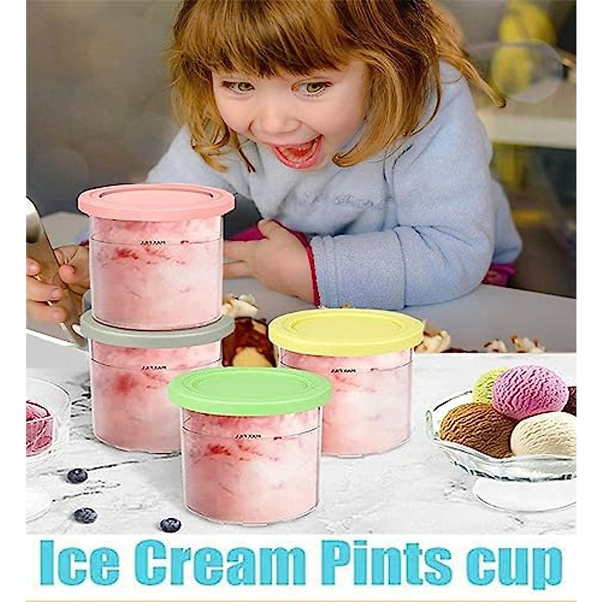 4 Pack Containers Extra Replacement for Ninja Creami Pints and Lids, (16oz) Cups Compatible with NC301 NC300 NC299AMZ Series Ice Cream Maker - Dishwasher Safe, Leak Proof Lids Pink-Mint-Grey-Blue