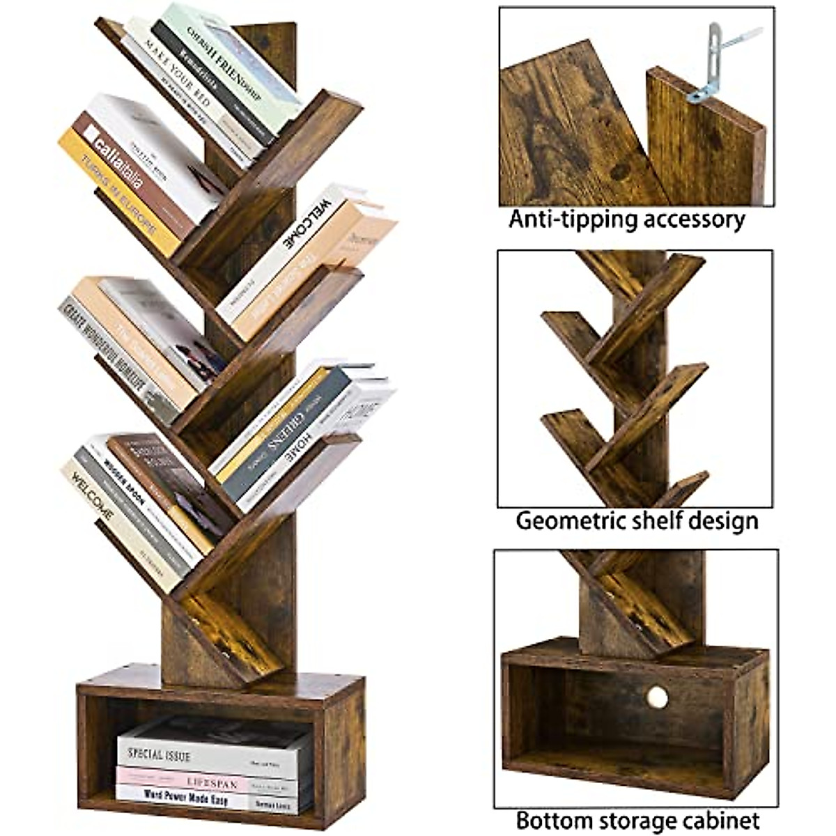 Hoctieon 2-Set Tree Bookshelf, Shelf Bookcase, Modern Book Storage, Free Standing Tree Bookcase, Utility Organizer Shelves for Home Office, Living Room, Bedroom, Rustic Brown(2 Pack)