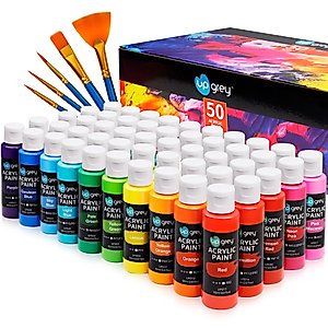 UPGREY 50 Colors Acrylic Paint Set, Non Toxic Art Paints (2fl Oz/60ml Each) With 5 Craft Paint Brushes, Metallic Acrylic Paints Kids Adults for Canvas Crafts Stone Wood Ceramic And Model Painting