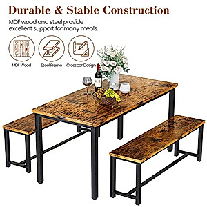 Recaceik Dining Table Set for 4, Kitchen Table Set with 2 Benches, 3 Piece Dining Room Table Set, Modern Wood Kitchen Table and Chairs for Small Spaces, Kitchen,Dining Room, Restaurant, Rustic Brown