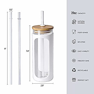 Kodrine 20oz Glass Water Tumbler with Straw and Lid,Bamboo Lids Water Bottle, Iced Coffee Cup Reusable, Wide Mouth Smoothie Cups, Straw Silicone Protective Sleeve BPA FREE-White