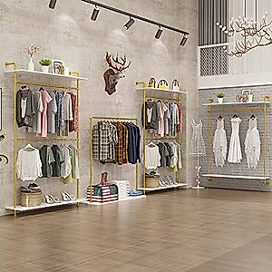 MDEPYCO Modern Simple Industrial Pipe Double Hanging Rods Clothing Rack,Retail Display Wall Mounted Storage Clothes Hanging Shelf,2 Tier Wood Garment Rack (One Shelves,Gold, 47.2" L)