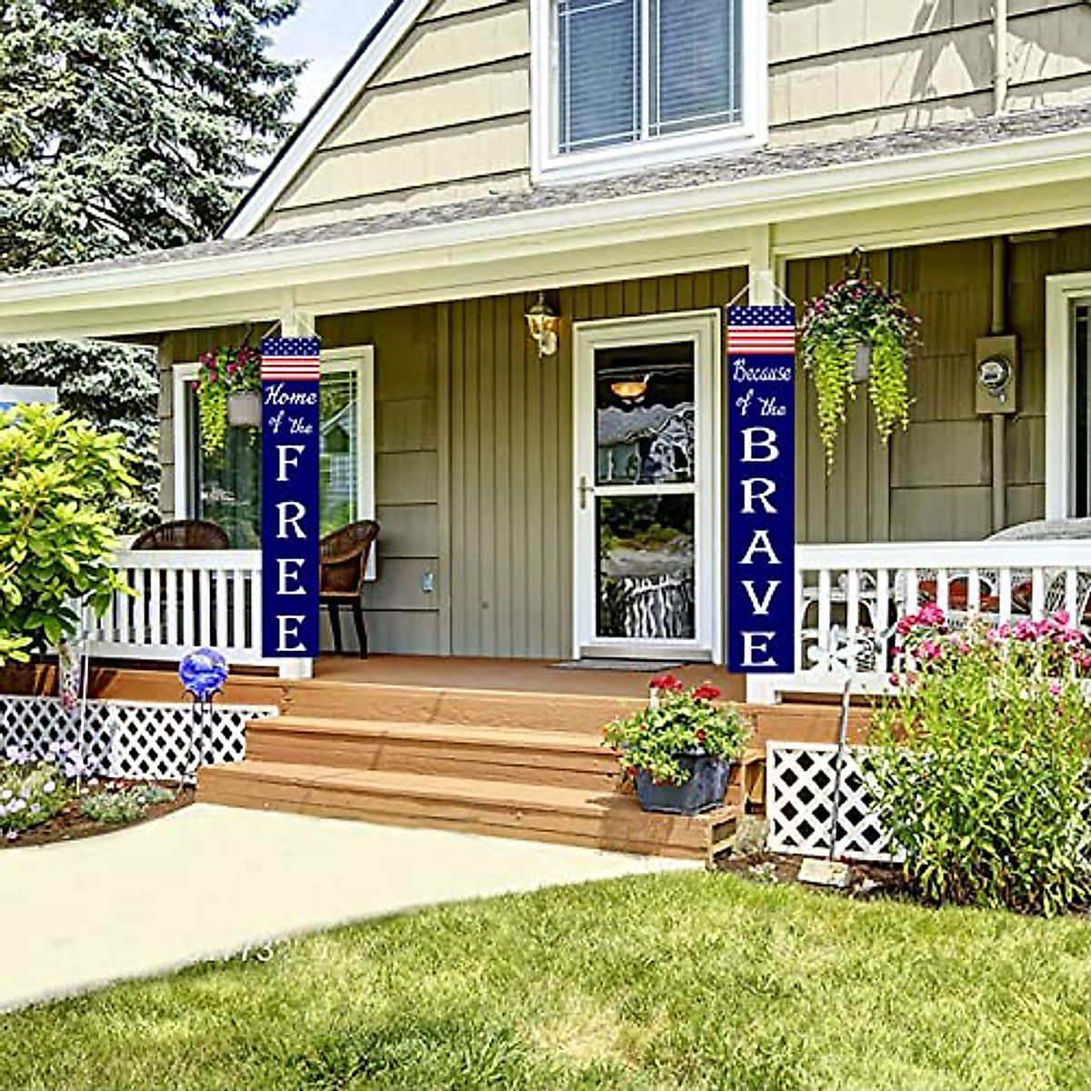 4th of July Patriotic Decorations Porch Sign Banners, Home of the Free Because of the Brave Hanging Flag Decor with Stars and Stripes for Memorial Independence Veterans Day Yard Indoor Outdoor