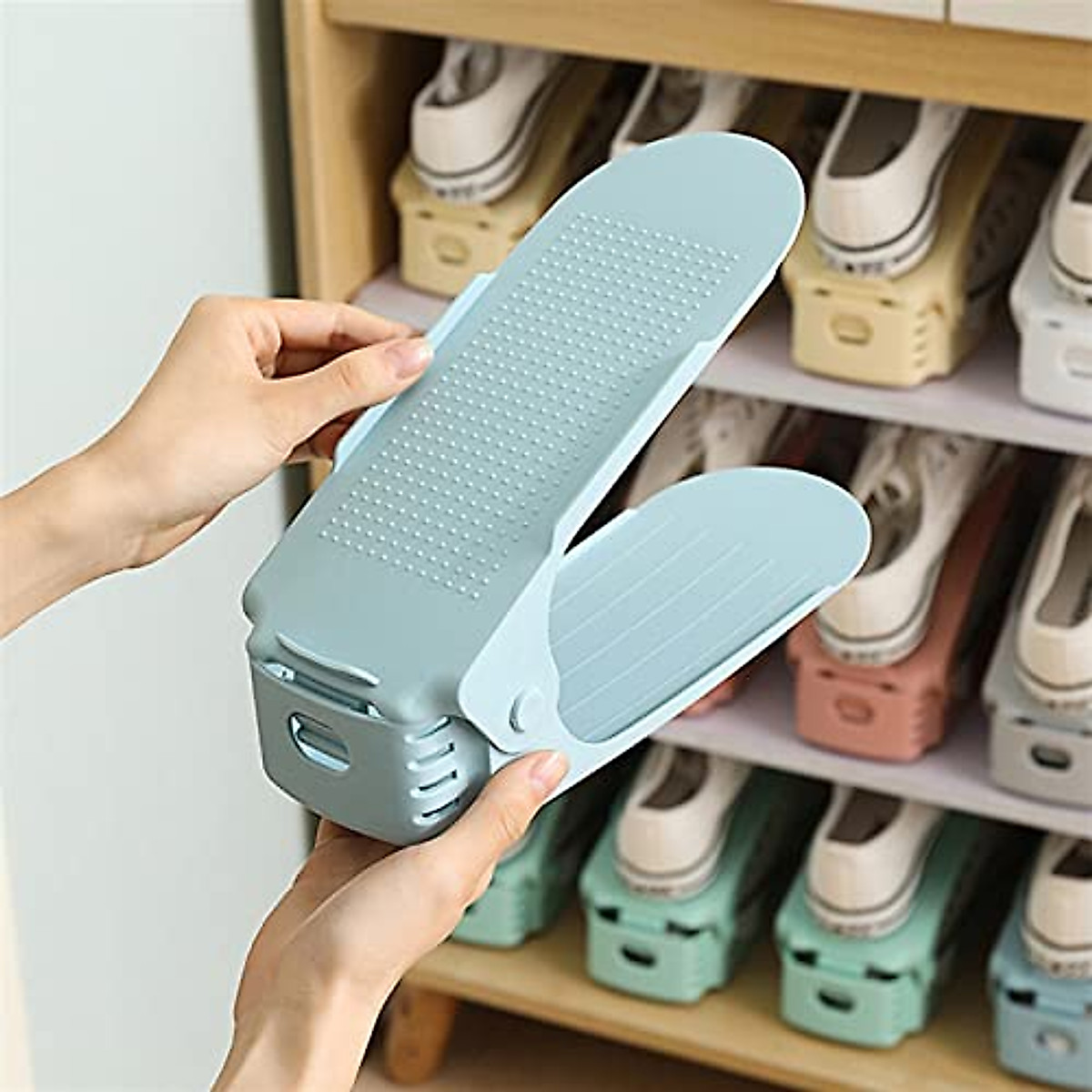 KNOKR Shoe Rack, 16pcs Durable Adjustable Shoe Organizer Footwear Support Slot Space Saving Cabinet Closet Stand Shoes Storage Rack Shoebox
