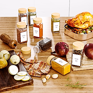 24 Glass Spice Jars with Label, Spice Jar Set with Bamboo Lids 4oz Seasoning Containers Shakers & Spice Labels, Empty Spice Bottles, Kitchen Organization Storage for Cabinet Drawer Decor Essentials