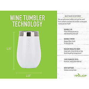 Reduce Wine Tumbler With Lid, 12oz - Stainless Steel Stemless Wine Tumbler - Enjoy Your Wine at the Perfect Temperature - Perfect Outdoor Wine Glasses, Makes a Great Gift - White Gloss