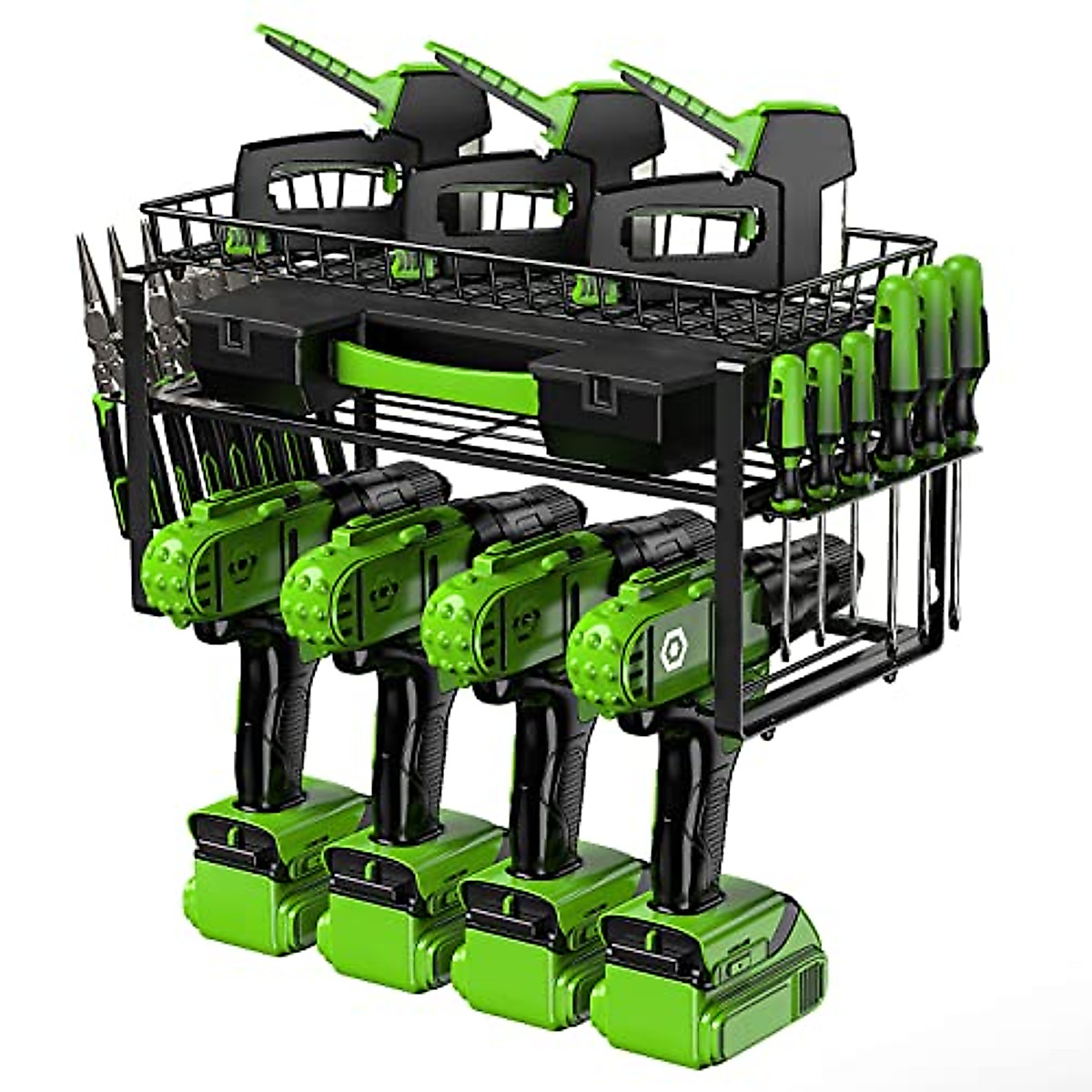 Power Tool Organizer,Tool Organization, PUKOKAL 3 Layers Heavy Duty Metal Tool Shelf with Basket, Tool Organizer and Storage Wall Mount, Utility Tool Rack for Screwdriver Pegboard Shed Workshop