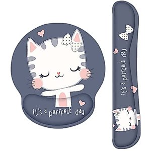 RICHEN Keyboard Wrist Rest and Mouse Pad with Wrist Support, Memory Foam Set for Computer/Laptop/Mac,Gaming and Office, Durable & Comfortable & Lightweight for Easy Typing & Pain Relief (Cute Cat)
