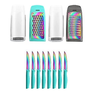 Marco Almond MA63 Graters for Kitchen + Marco Almond KYA47 Rainbow Titanium Serrated Stainless Steel Steak Knives Set of 8