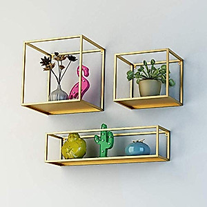 PIBM Stylish Simplicity Shelf Wall Mounted Floating Rack Shelves Iron Art Display Stand Bookshelf Cd Storage Simple Background Wall Living Room,4 Sizes, Gold , 35X25X35cm