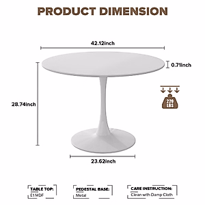 Ufurpie 42" Round Dining Table,Mid-Century White Tulip Table,Metal Base Pedestal Table for 4-6 Person,Easy Assembled End Table Leisure Coffee Table