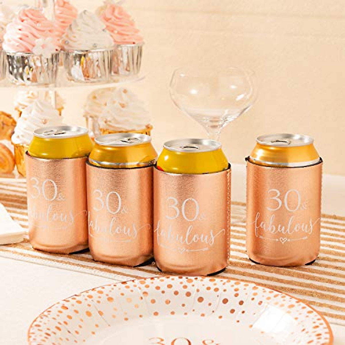Crisky 30 Fabulous Can Cooler Rose Gold 30th Birthday Decorations Beer Sleeve Party Favor, Can Covers with Insulated Covers, 12-Ounce Neoprene Coolers for Soda, Beer, Can Beverage, 12 Rose Gold